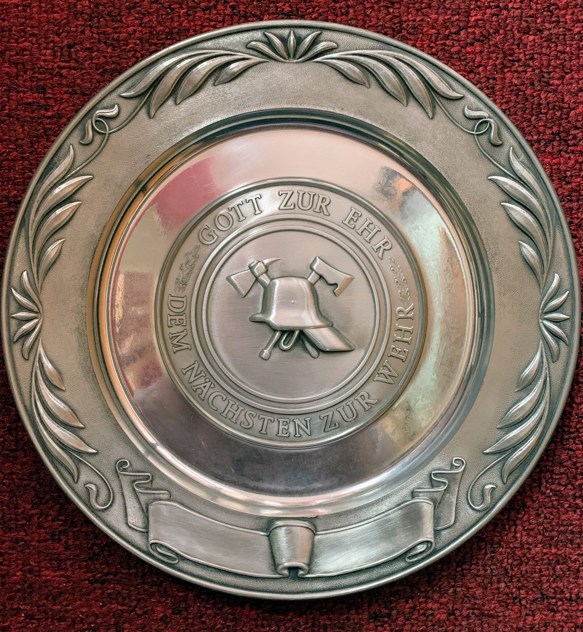Pewter Presentation Plate - Fire Helmet - The Fire Bell